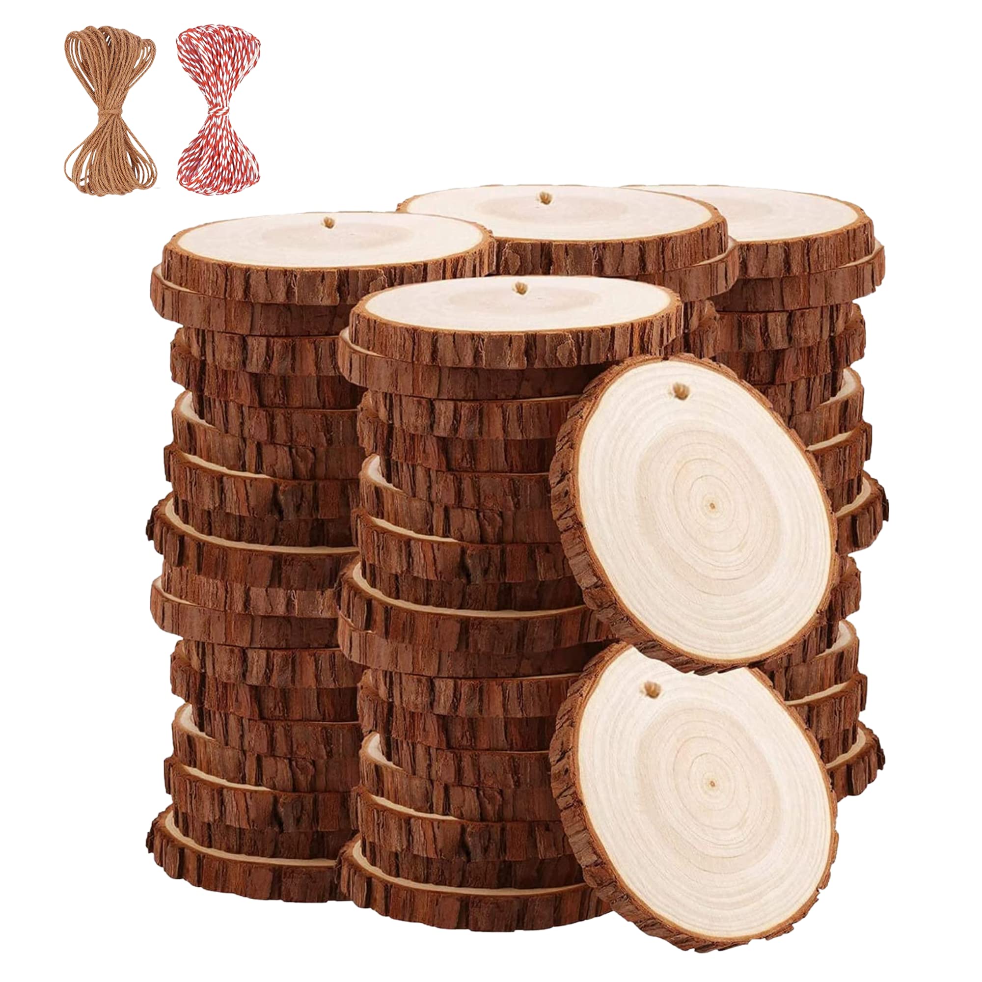 Natural Wood Slices TICIOSH 50 Pcs 2.4-2.8 inches Craft Unfinished Wood kit Predrilled with Hole Wooden Circles for DIY Crafts Wedding Decorations Christmas Ornaments Arts Wood Slices