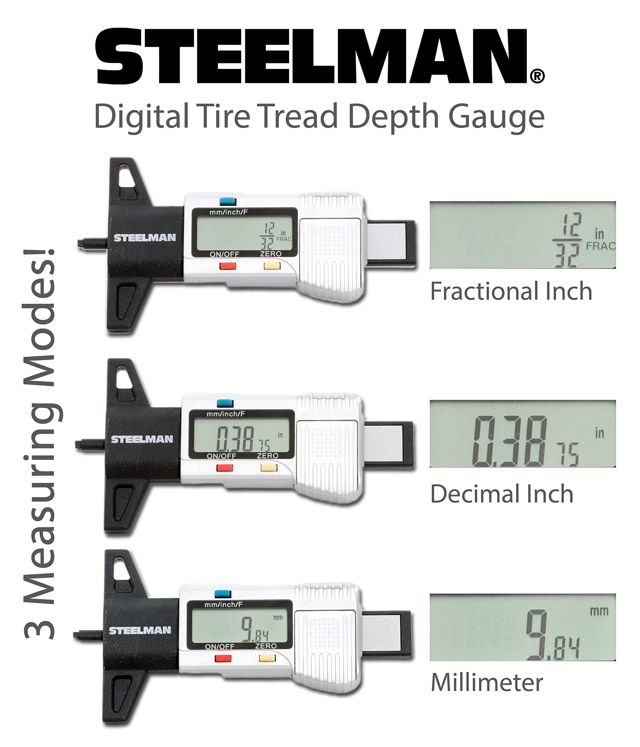 Steelman Digital Tire Tread Depth Gauge, 3 Modes - Fractional Inch, Decimal Inch, and Millimeter, Zeroable