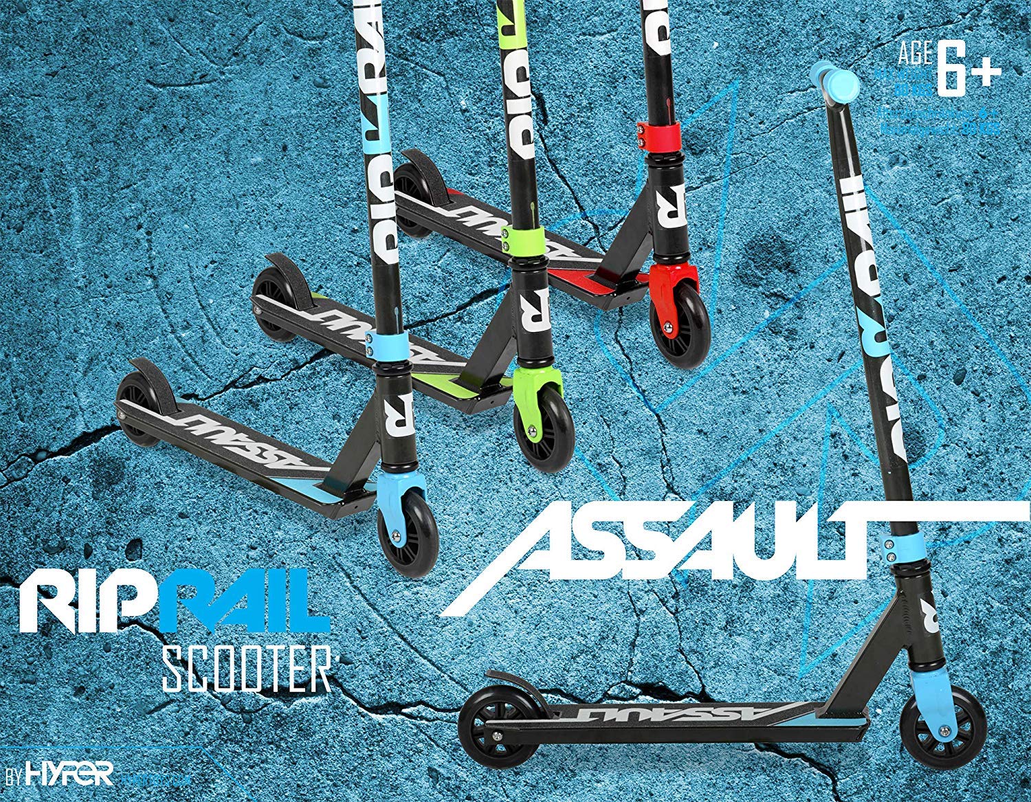 Riprail Assault Stunt Scooter Finished in Black/Blue with Alloy Deck and ABEC-7 Bearings