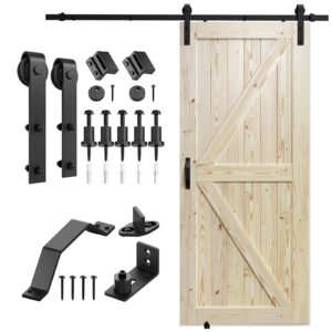 smartstandard 36in x 84in sliding barn door with 6.6ft barn door hardware kit & handle, pre-drilled ready to assemble, diy unfinished solid spruce wood panelled slab, k-frame, natural