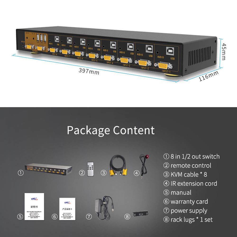 eKL VGA KVM Switch 8 Port in 2 Out Switcher 8x2 Supports Basic Keyboard and Mouse Audio USB 2.0 Devices Sharing 8 Computers