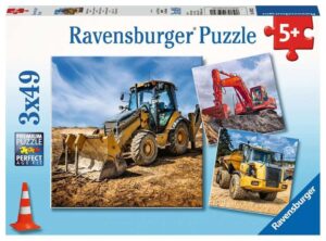 ravensburger diggers at work puzzle set - engaging 3 x 49 piece puzzles for kids | unique piece design construction | skill-building toy | perfect for kids ages 5 and up