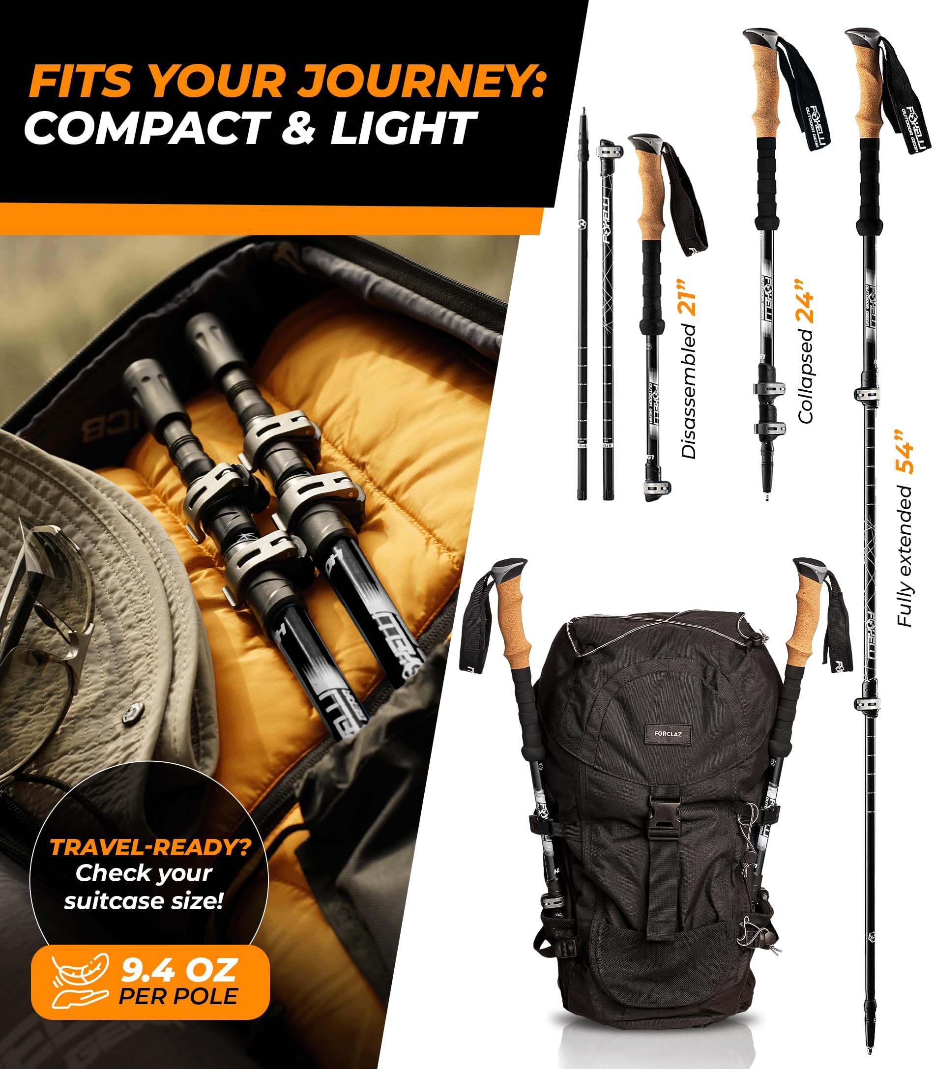 Foxelli Hiking Poles – Lightweight & Collapsible with Comfortable Cork Grips, Easily Adjustable for All Heights, Includes Carry Bag and Accessories