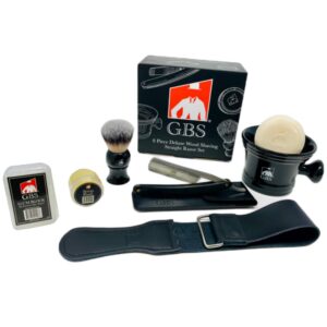 g.b.s black luxury shaving kit - wood straight razor, mug, natural soap, brush, alum block, strop and paste grooming kit, black