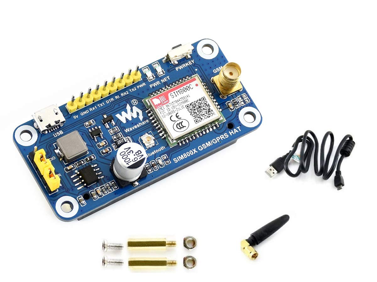 Waveshare GSM/GPRS/Bluetooth 3.0 HAT for Raspberry Pi 2B/3B/3B+/Zero/Zero W Based on SIM800C Support SMS Data Transfer ect