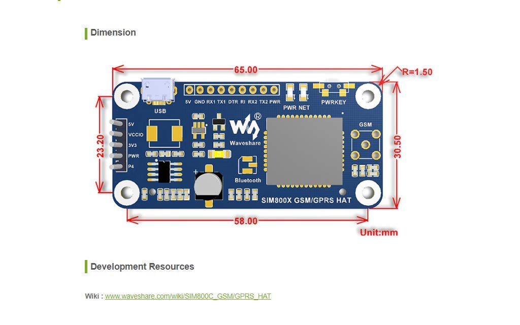 Waveshare GSM/GPRS/Bluetooth 3.0 HAT for Raspberry Pi 2B/3B/3B+/Zero/Zero W Based on SIM800C Support SMS Data Transfer ect