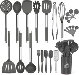 silicone cooking utensils set,kitchen utensils 26 pcs set,non-stick heat resistant silicone,cookware with stainless steel handle