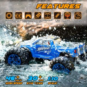 Soyee RC Cars 1:10 Scale RTR 46km/h High Speed Remote Control Car All Terrain Hobby Grade 4WD Off-Road Waterproof Monster Truck Electric Toys for Kids and Adults -1600mAh Batteries x2