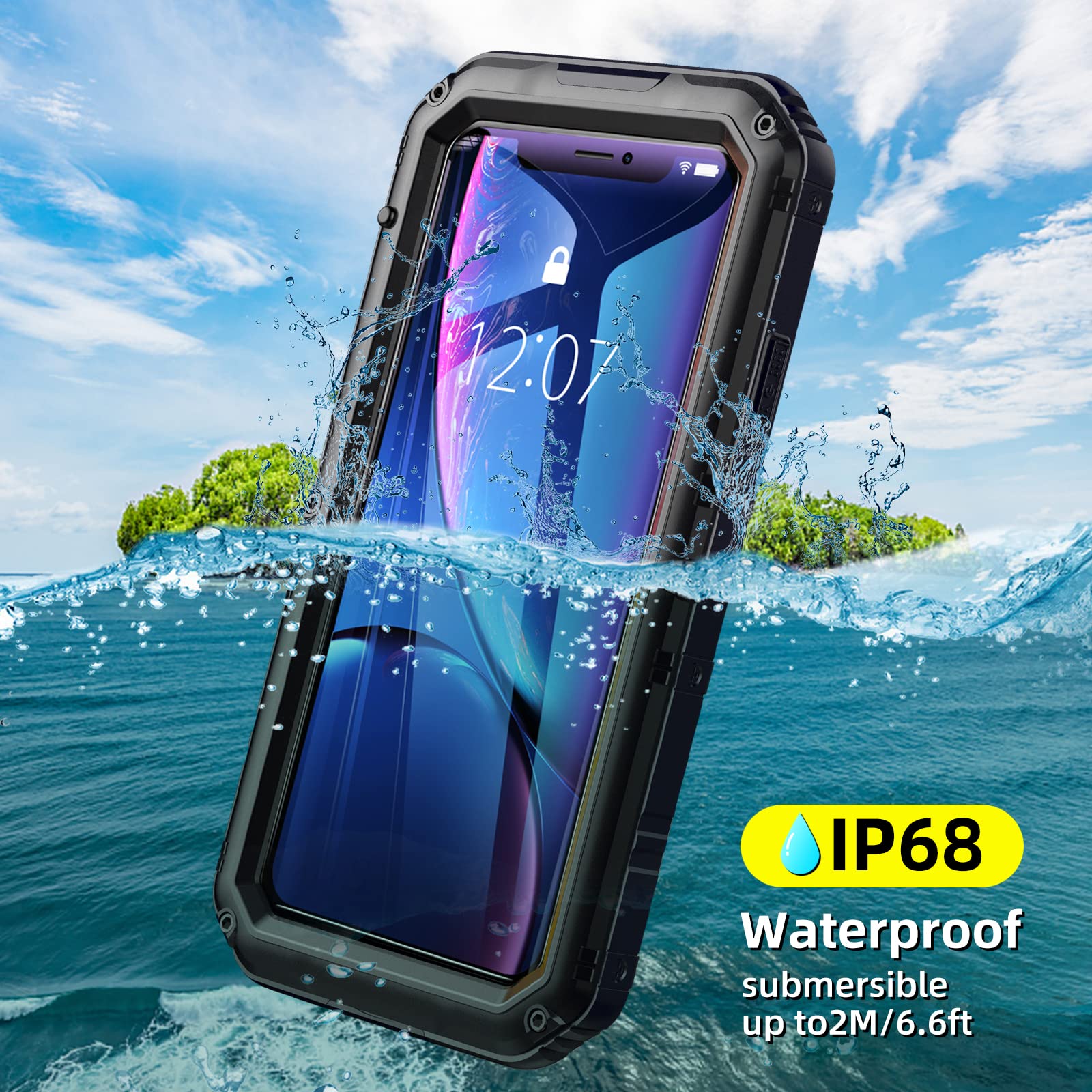 Beasyjoy iPhone XR Metal Case, Waterproof Heavy Duty Case with Built-in Screen Protector, Full Body Protective Shockproof Tough Rugged Military Grade Defender Outdoor Case(Black)