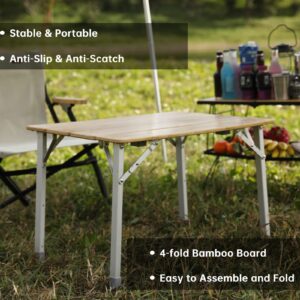 KingCamp Bamboo Folding Camping Table 4 Folds Lightweight with Adjustable Height Aluminum Legs Portable Camp Tables in Carry Bag for Indoor Outdoor Picnic Beach