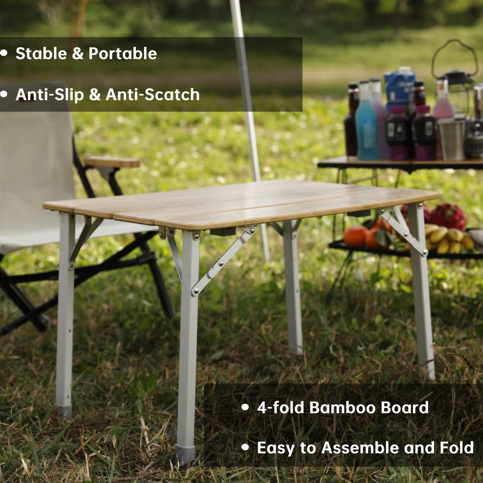 KingCamp Bamboo Folding Camping Table 4 Folds Lightweight with Adjustable Height Aluminum Legs Portable Camp Tables in Carry Bag for Indoor Outdoor Picnic Beach