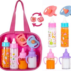 fash n kolor®, My Sweet Baby Disappearing Doll Feeding Set | Baby Care 6 Piece Doll Feeding Set for Toy Stroller | 2 Milk & Juice Bottles with 2 Toy Pacifier for Baby Doll