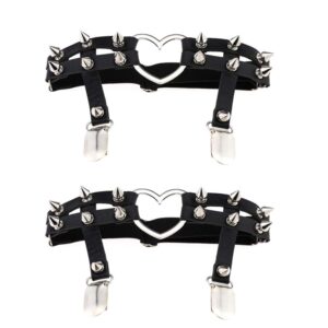 jurxy 2pcs gothic studded heart garters leg ring leg elastic punk harness garter belt adjustable suspender with 2 metal clips – black