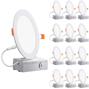 oooled recessed lighting 6 inch, canless led recessed light fixtures with junction box, 12w (100w eqv), 950lm, 5000k daylight, dimmable led downlight and ceiling lights led, etl listed, 12-pack