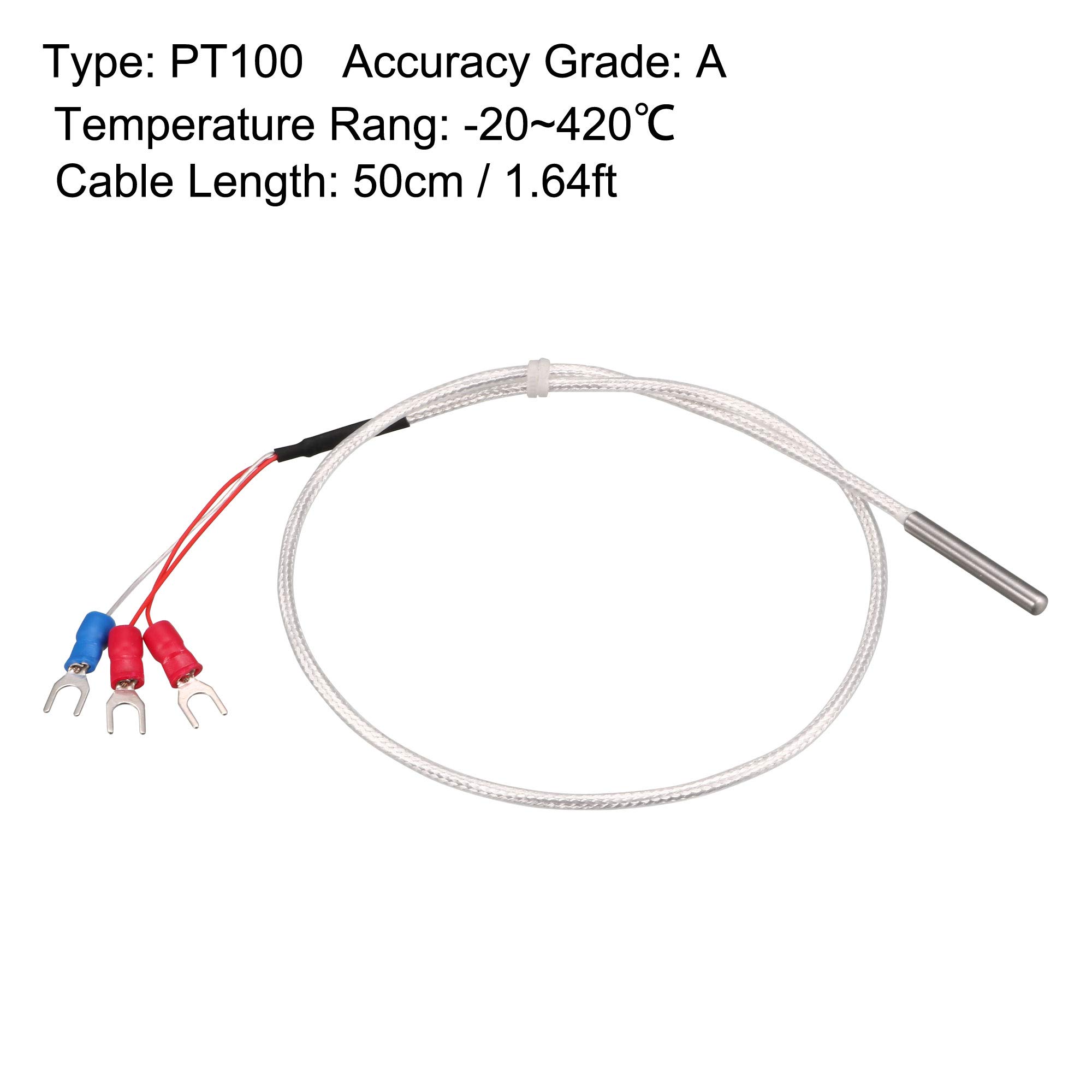 uxcell PT100 RTD Temperature Sensor Probe 3 Wires Cable Thermocouple Stainless Steel 50cm(1.64ft) (Temperature Rang: -50 to 200C)