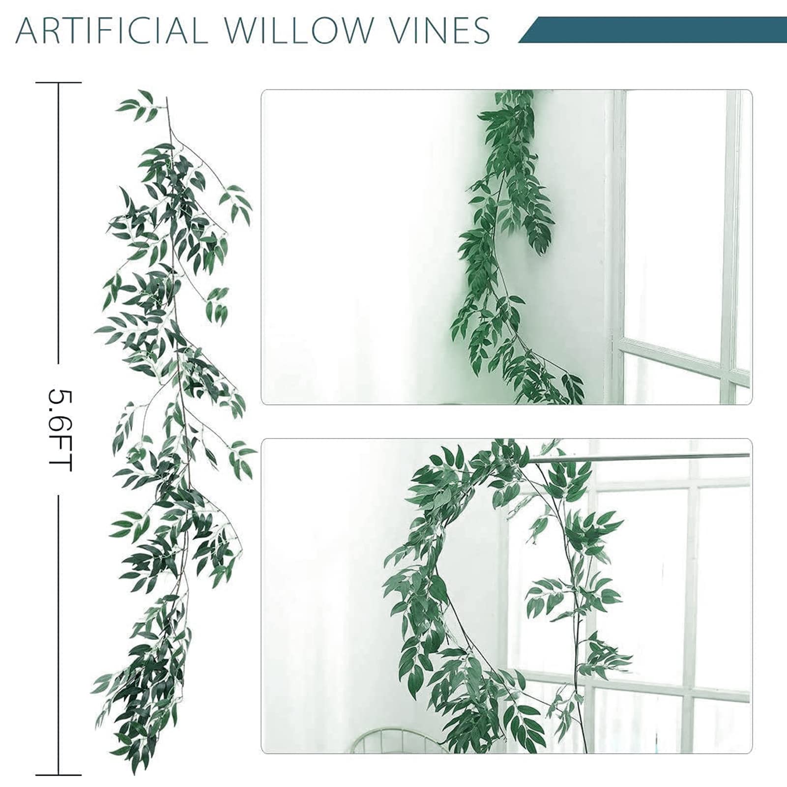 ANPHSIN 3 Pack (16.8ft) Artificial Willow Leaves Vines Twigs- Fake Silk Hanging Willow Plant Greenery Garland String for Indoor Wedding Party Crowns Wreath Decor, Outdoor Wall Garden Decoration