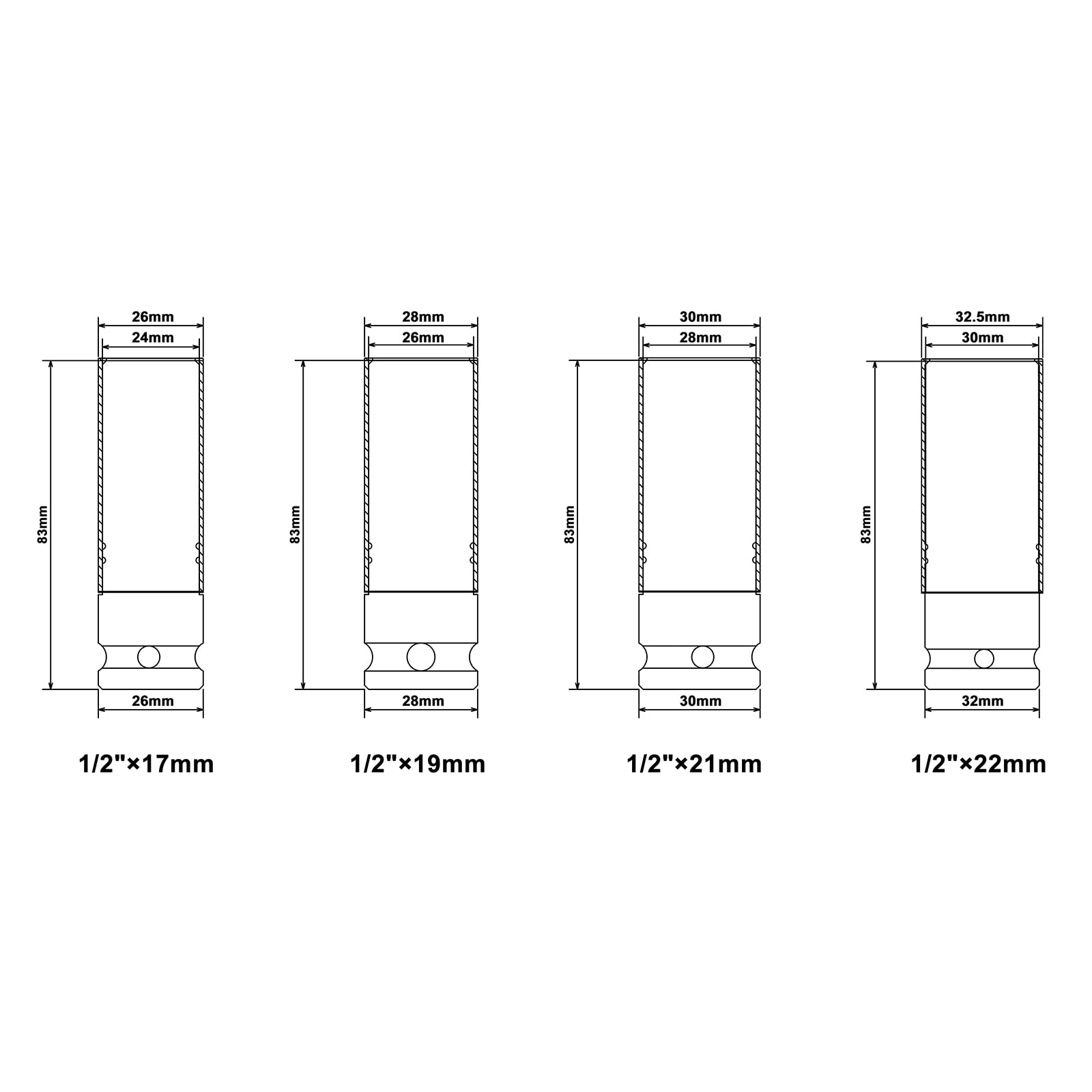 CASOMAN 1/2- Inch Drive Wheel Protector Impact Socket, 1/2" Thin Wall Deep Impact Socket Set Plastic Sleeve Lug Nut, 4 Pieces Set, 6 Point,Metric, 17mm,19mm,21mm,22mm