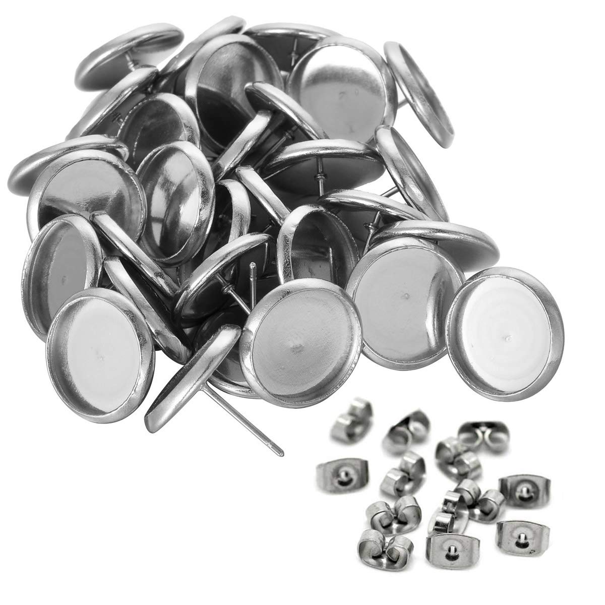 40pcs 12mm Stainless Steel Blank Stud Earring Bezel Setting for Jewelry Making with 40pcs Surgical Steel Earring Backs DIY Findings (9851)