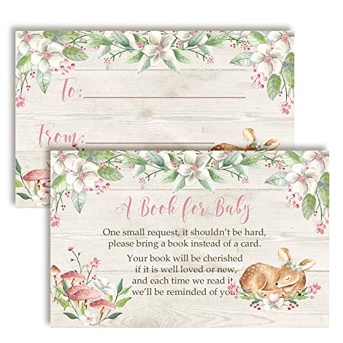 Little Deer Forest Themed “Bring A Book” Cards for Girl Baby Showers, 20 2.5 by 4 Inch Double Sided Insert Cards by AmandaCreation, Invite Guests to Bring A Book for the Baby