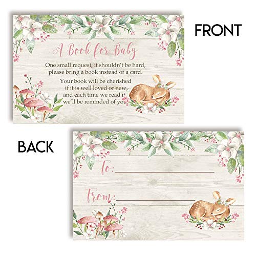 Little Deer Forest Themed “Bring A Book” Cards for Girl Baby Showers, 20 2.5 by 4 Inch Double Sided Insert Cards by AmandaCreation, Invite Guests to Bring A Book for the Baby