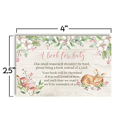 Little Deer Forest Themed “Bring A Book” Cards for Girl Baby Showers, 20 2.5 by 4 Inch Double Sided Insert Cards by AmandaCreation, Invite Guests to Bring A Book for the Baby