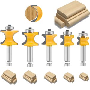 leatbuy 1/2 inch shank bullnose router bit 5pcs，half round bearing carbide tipped edge cutting bits， radius 1/8" 3/16" 1/4" 5/16" 3/8", woodworking milling cutter (yl05)