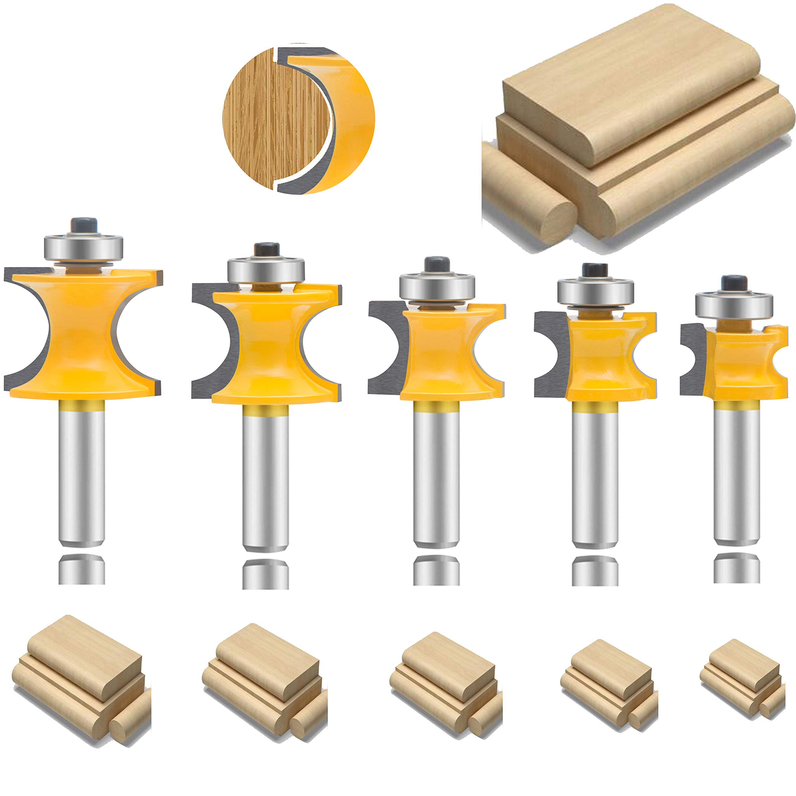 LEATBUY 1/2 Inch Shank Bullnose Router Bit 5PCS，Half Round Bearing Carbide Tipped Edge Cutting Bits， Radius 1/8" 3/16" 1/4" 5/16" 3/8", Woodworking Milling Cutter (YL05)