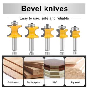 LEATBUY 1/2 Inch Shank Bullnose Router Bit 5PCS，Half Round Bearing Carbide Tipped Edge Cutting Bits， Radius 1/8" 3/16" 1/4" 5/16" 3/8", Woodworking Milling Cutter (YL05)