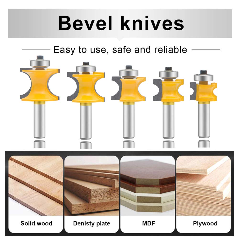 LEATBUY 1/2 Inch Shank Bullnose Router Bit 5PCS，Half Round Bearing Carbide Tipped Edge Cutting Bits， Radius 1/8" 3/16" 1/4" 5/16" 3/8", Woodworking Milling Cutter (YL05)