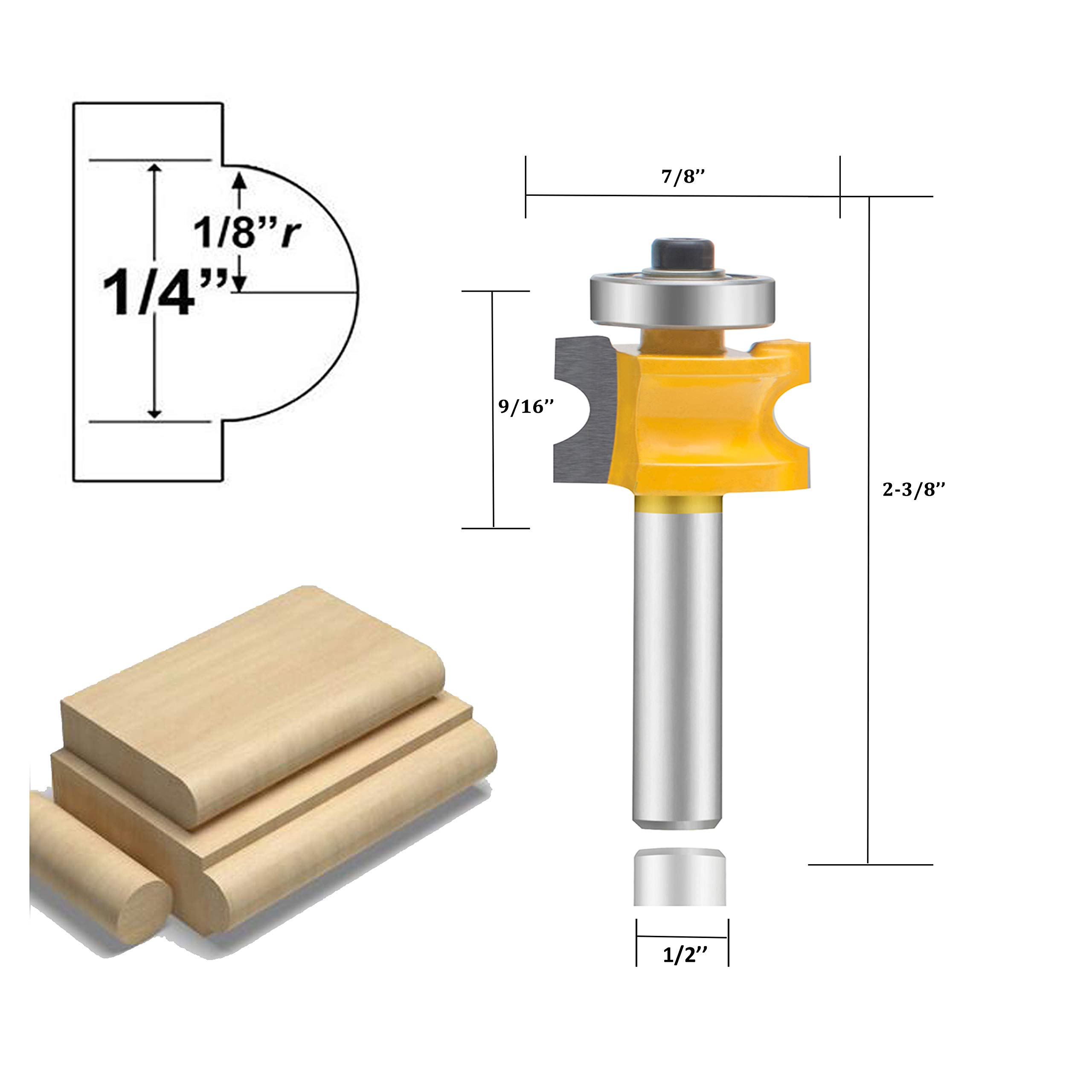 LEATBUY 1/2 Inch Shank Bullnose Router Bit 5PCS，Half Round Bearing Carbide Tipped Edge Cutting Bits， Radius 1/8" 3/16" 1/4" 5/16" 3/8", Woodworking Milling Cutter (YL05)