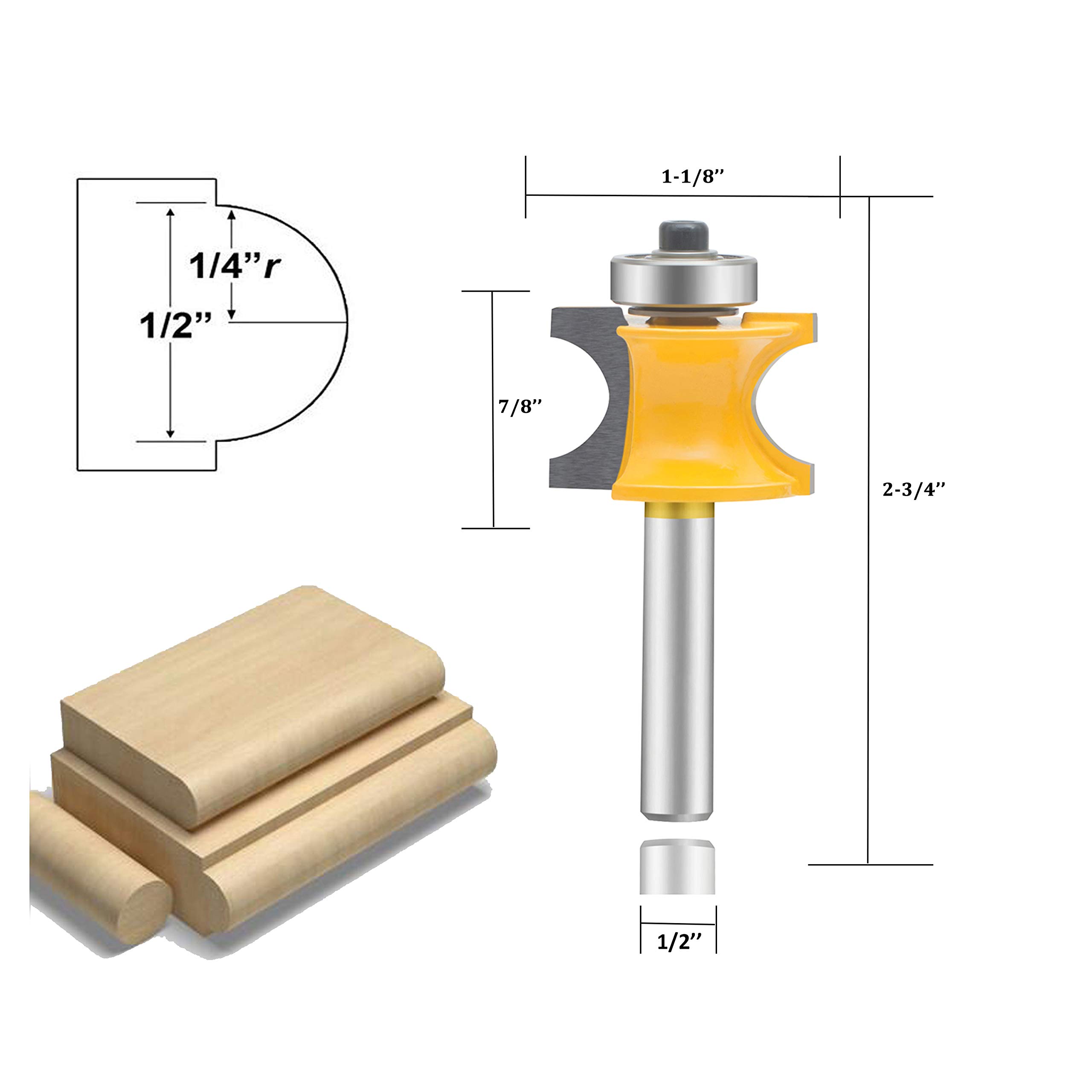 LEATBUY 1/2 Inch Shank Bullnose Router Bit 5PCS，Half Round Bearing Carbide Tipped Edge Cutting Bits， Radius 1/8" 3/16" 1/4" 5/16" 3/8", Woodworking Milling Cutter (YL05)