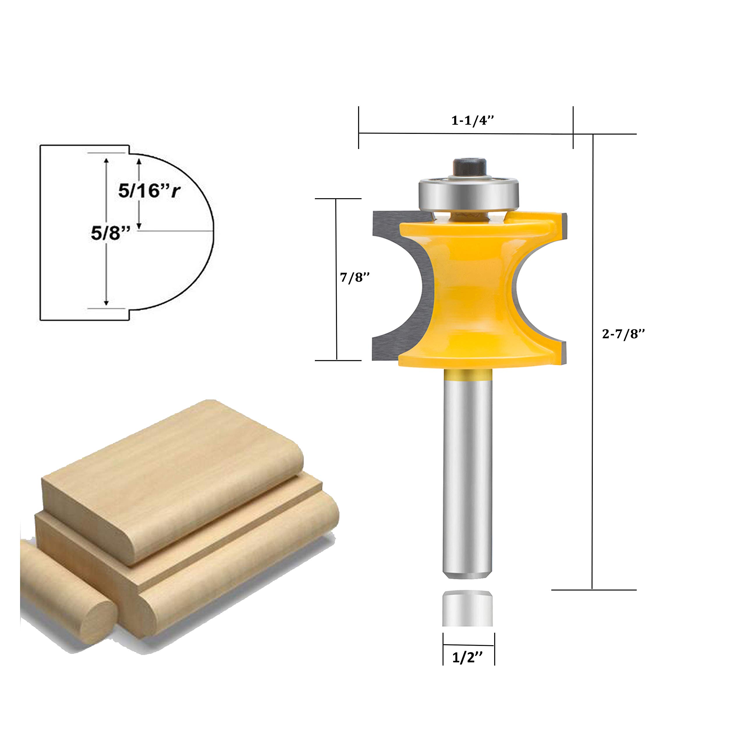 LEATBUY 1/2 Inch Shank Bullnose Router Bit 5PCS，Half Round Bearing Carbide Tipped Edge Cutting Bits， Radius 1/8" 3/16" 1/4" 5/16" 3/8", Woodworking Milling Cutter (YL05)