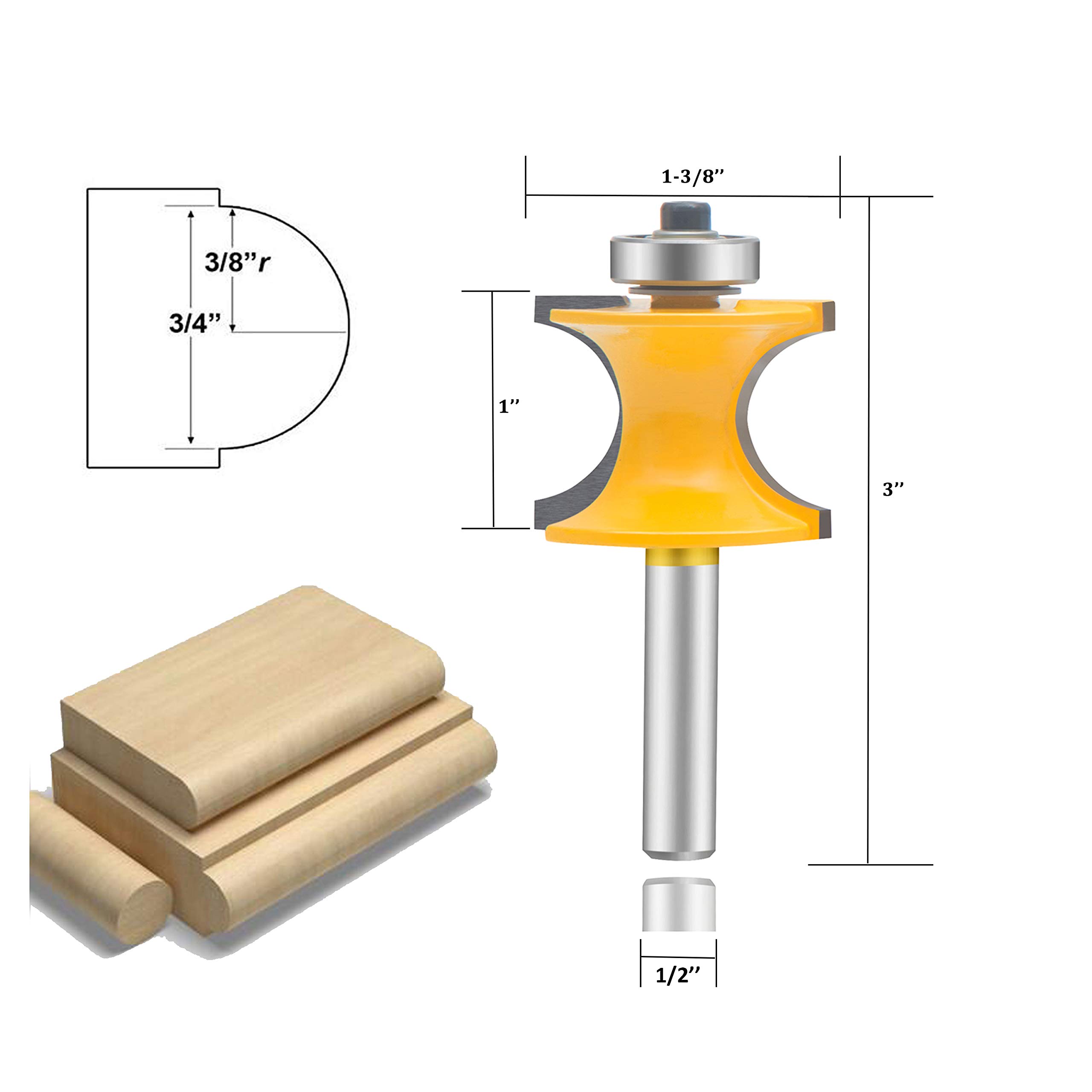 LEATBUY 1/2 Inch Shank Bullnose Router Bit 5PCS，Half Round Bearing Carbide Tipped Edge Cutting Bits， Radius 1/8" 3/16" 1/4" 5/16" 3/8", Woodworking Milling Cutter (YL05)