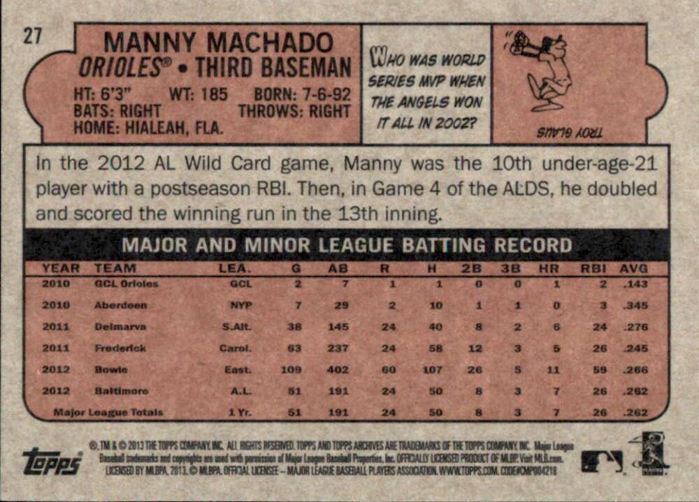 2013 Topps Archives #27 Manny Machado Orioles MLB Baseball Card (RC - Rookie Card) NM-MT