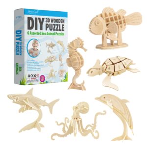 hands craft diy 3d wooden puzzle – 6 assorted sea animals bundle pack set brain teaser puzzles educational stem toy adults and kids to build safe and non-toxic easy punch out premium wood jp2b5