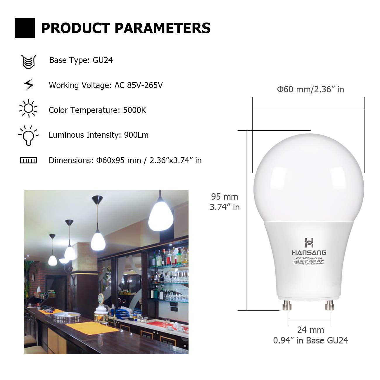 hansang A19 LED Bulb Gu24 Light Bulb Base,9W (100W Equivalent),900 Lumens,5000K Daylight,220 Degree Beam Angle,Gu24 Twist Base,for CFL Upgrade,Non-Dimmable 4 Pack