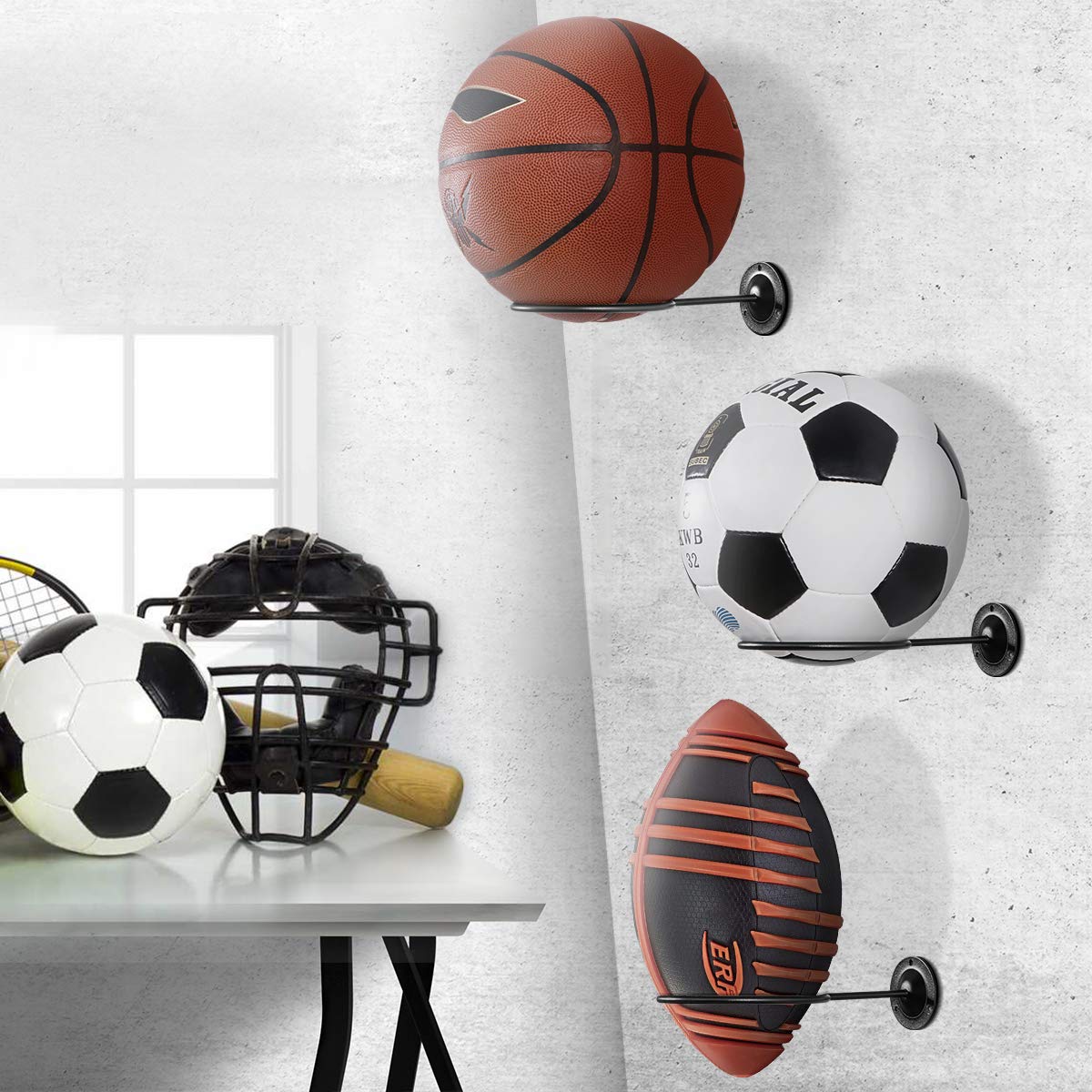 CLISPEED Wall-Mounted Ball Holders Display Racks for Basketball Soccer Football Volleyball Exercise Ball (Black,2PCS)