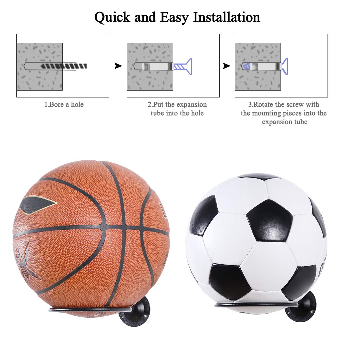 CLISPEED Wall-Mounted Ball Holders Display Racks for Basketball Soccer Football Volleyball Exercise Ball (Black,2PCS)