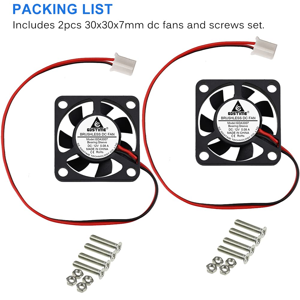 GDSTIME 30mm x 30mm x 7mm PH 2.0 12v Dc Brushless Cooling Fan