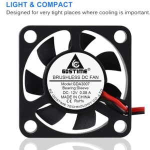 GDSTIME 30mm x 30mm x 7mm PH 2.0 12v Dc Brushless Cooling Fan