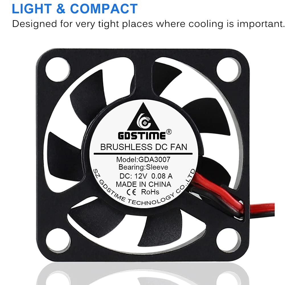 GDSTIME 30mm x 30mm x 7mm PH 2.0 12v Dc Brushless Cooling Fan