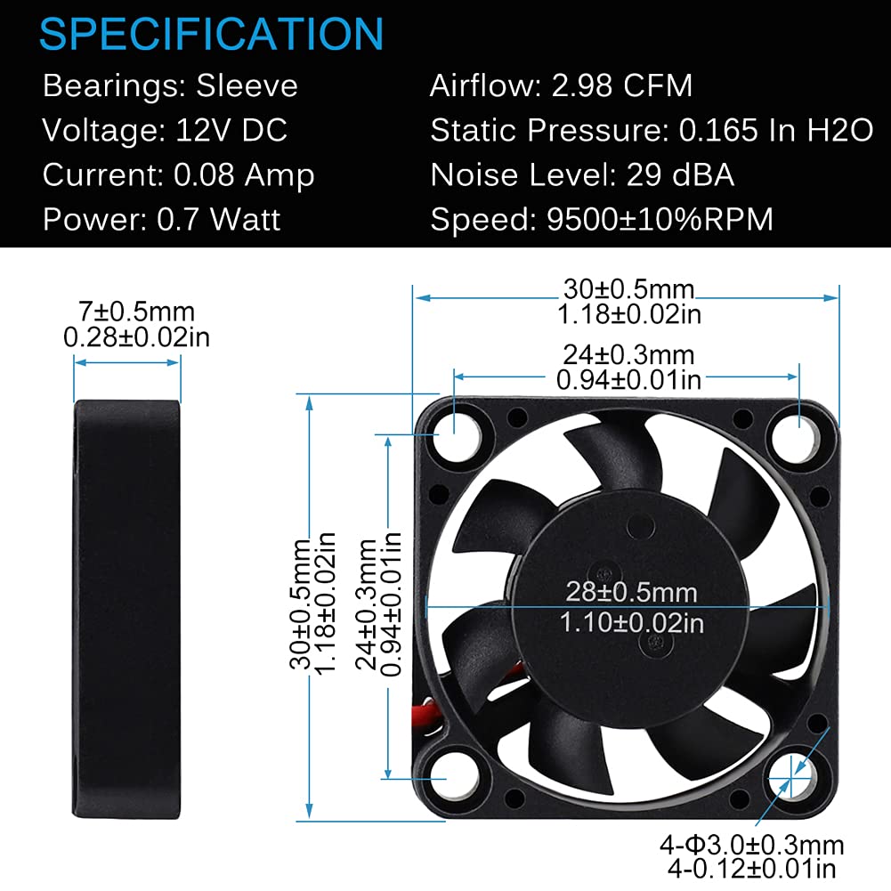 GDSTIME 30mm x 30mm x 7mm PH 2.0 12v Dc Brushless Cooling Fan