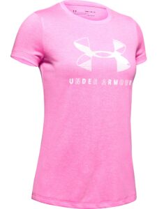 under armour girls' big logo twist short sleeve training workout t-shirt, pink craze medium heather (646)/white, youth large