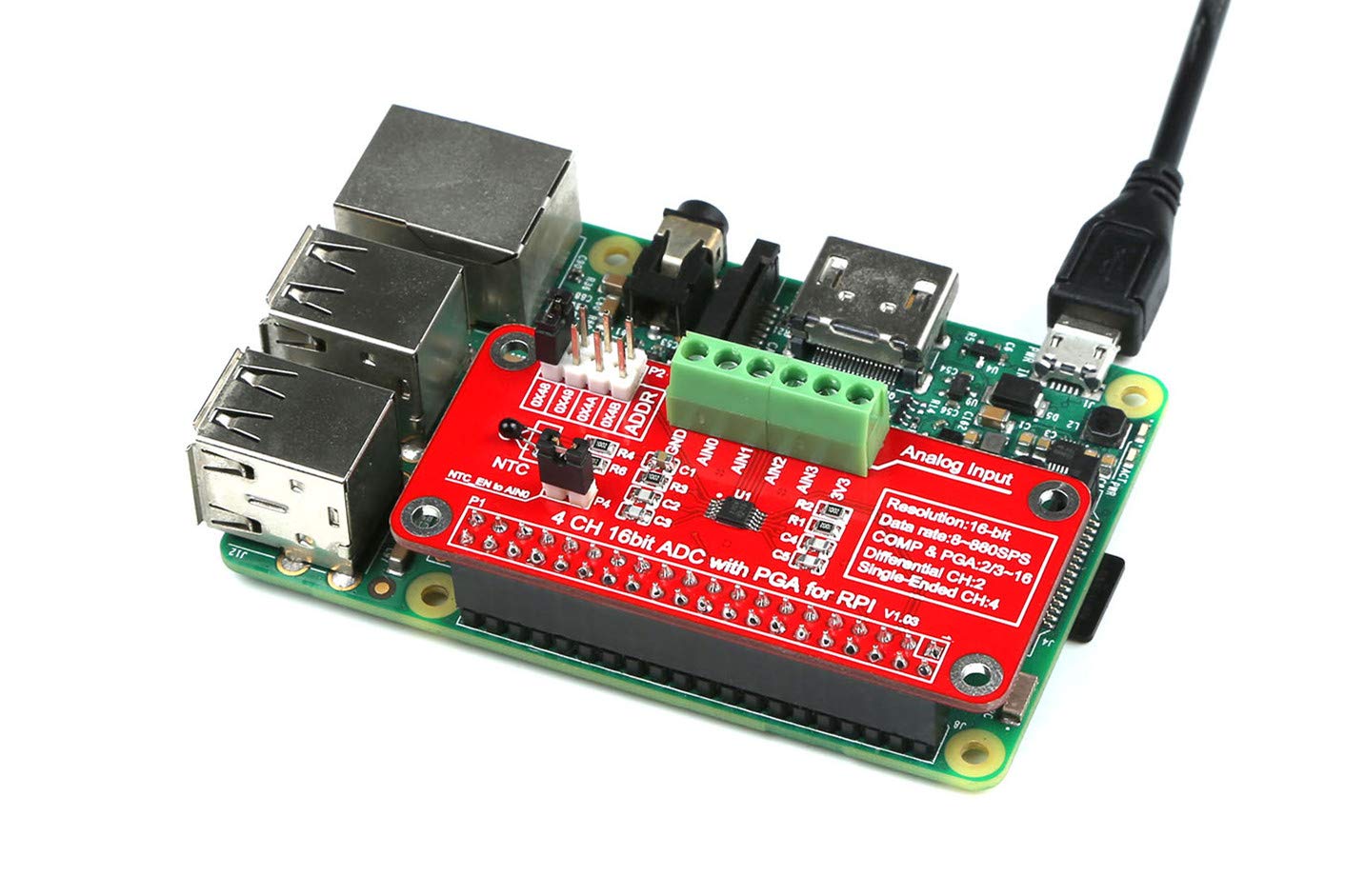 NOYITO 4-Channel 16-Bit ADC with PGA for RPI Raspberry PI 16 Bits I2C ADS1115 Module ADC 4 Channel for Raspberry Pi 3 2 Model B B+