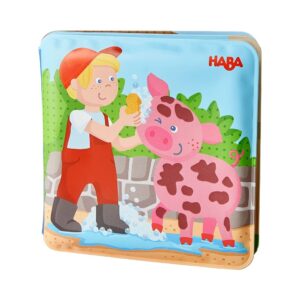 haba animal wash day - magic bath book - wipe with warm water and the "muddy" pages come clean