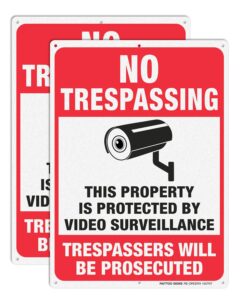 2 pack no trespassing sign, video surveillance signs, trespassers will be prosecuted metal reflective sign, 10 x 7 inches 0.40 aluminum indoor or outdoor use for home business cct