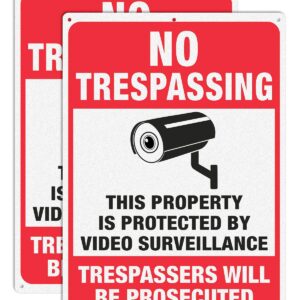 2 Pack No Trespassing Sign, Video Surveillance Signs, Trespassers Will Be Prosecuted Metal Reflective Sign, 10 x 7 Inches 0.40 Aluminum Indoor Or Outdoor Use for Home Business CCT