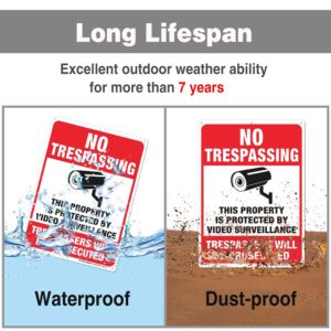 2 Pack No Trespassing Sign, Video Surveillance Signs, Trespassers Will Be Prosecuted Metal Reflective Sign, 10 x 7 Inches 0.40 Aluminum Indoor Or Outdoor Use for Home Business CCT