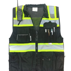 Vero1992 (C) Vest Mens Class 2 Black Series Safety Vest With Zipper and Utility Pockets Premium Black Series Surveyors Vest (Medium, Black)