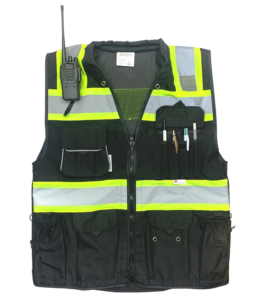 Vero1992 (C) Vest Mens Class 2 Black Series Safety Vest With Zipper and Utility Pockets Premium Black Series Surveyors Vest (Medium, Black)